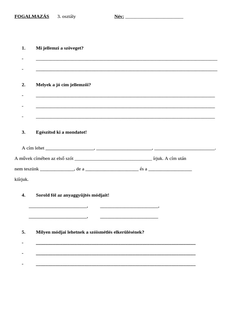 Év eleji dolgozat | PDF