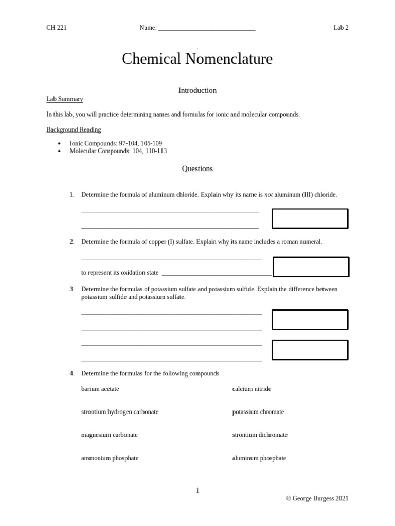 Chemical Nomenclature Lab Exercises | PDF | Sulfate | Acid
