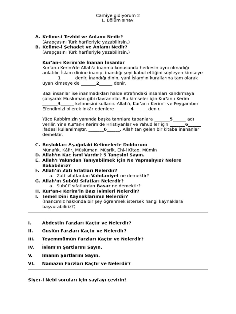 Camiye Gidiyorum 2 1. Bolum Sinavi | PDF
