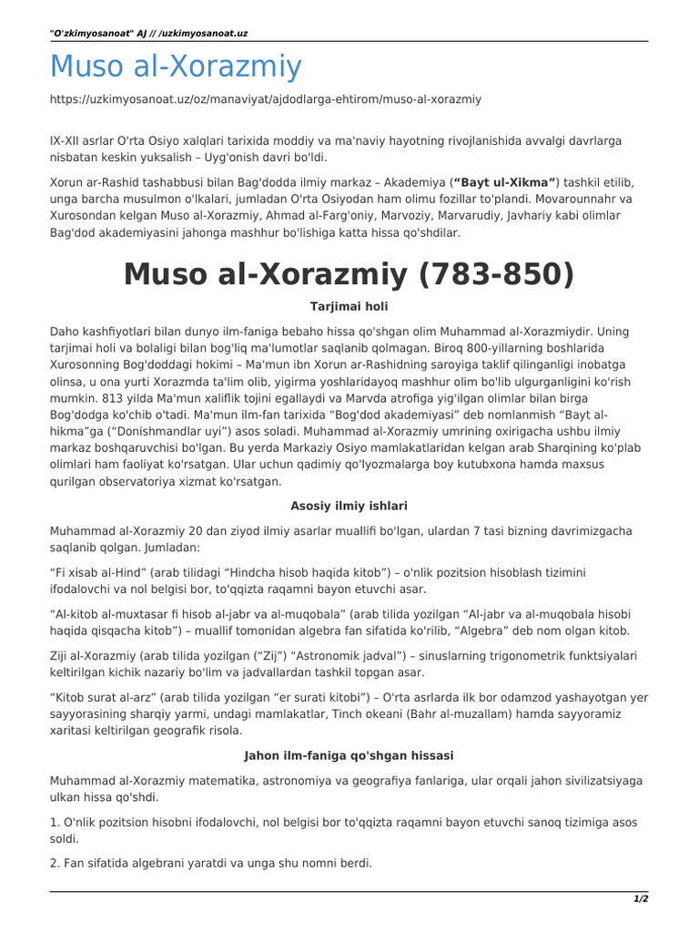Muso Al Xorazmiy | PDF