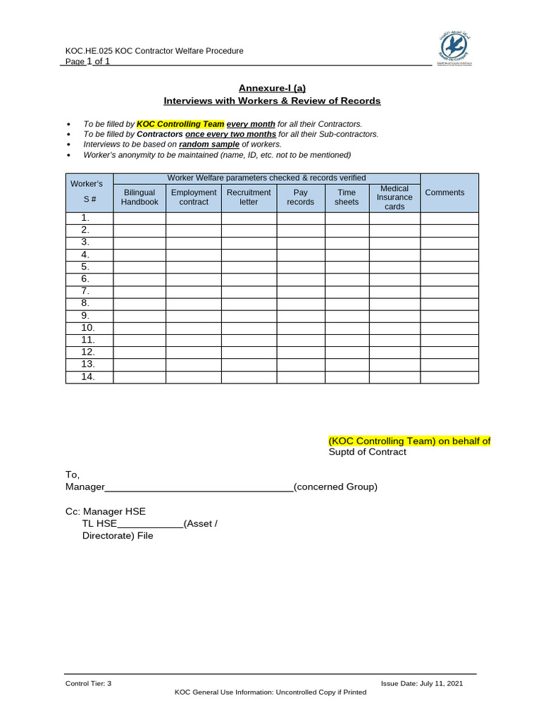 KOC - HE.025.Annexure-1a - Interviews With Workers & Review of Records ...