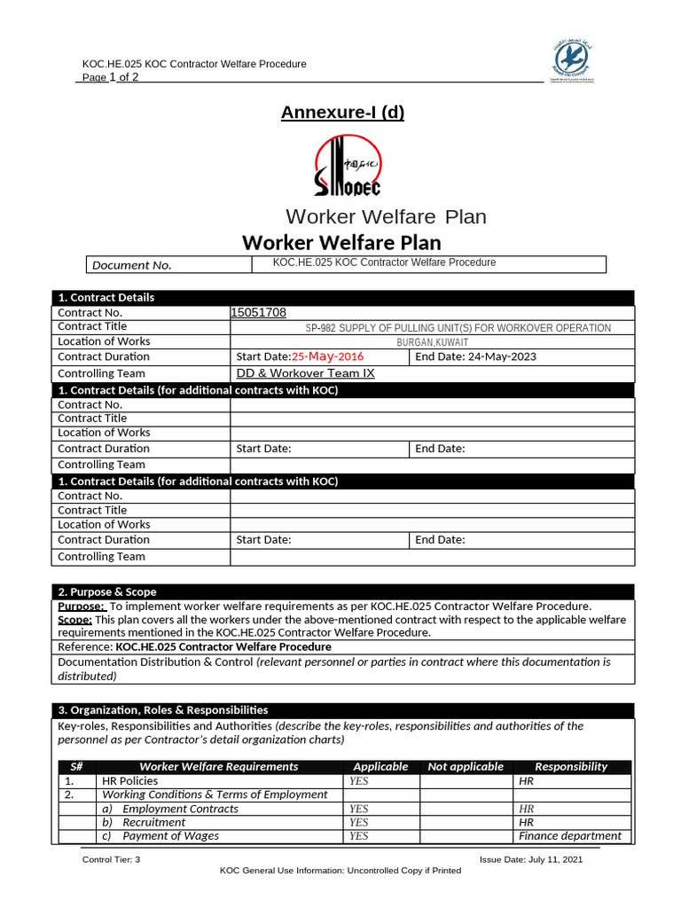 KOC - He.025.annexure-1d - Worker Welfare Plan (Template) | PDF | Employment | Labor