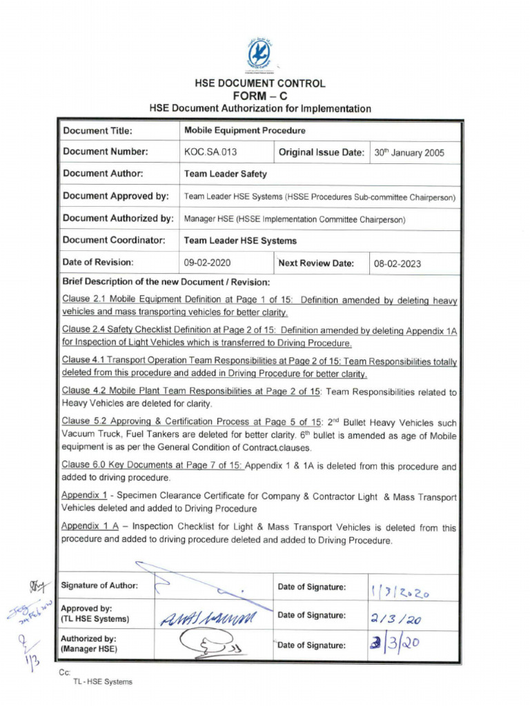 Revision Details - HSSE Doc Control Form-C KOC - SA.013 Procedure | PDF