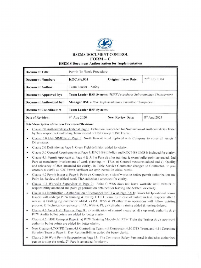 Revision Details - KOC SA 004 - PERMIT TO WORK PROCEDURE - Form C | PDF