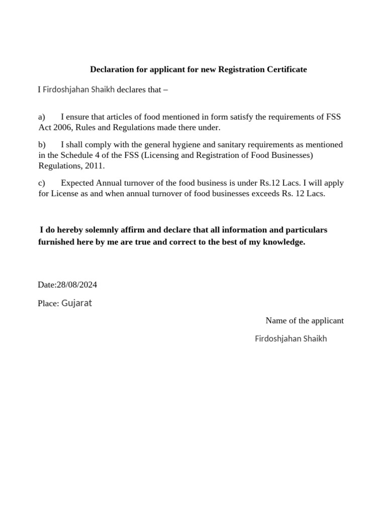 Registration Declaration for Motto Cafe | PDF