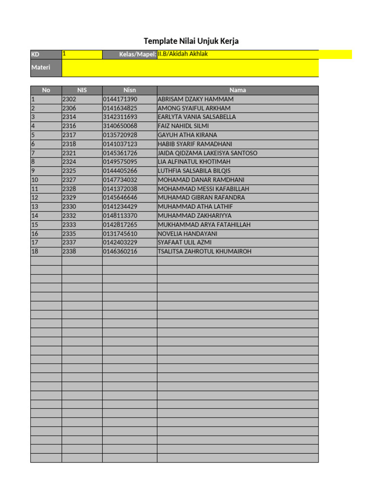 Template Nilai Akidah Akhlak Kelas II | PDF