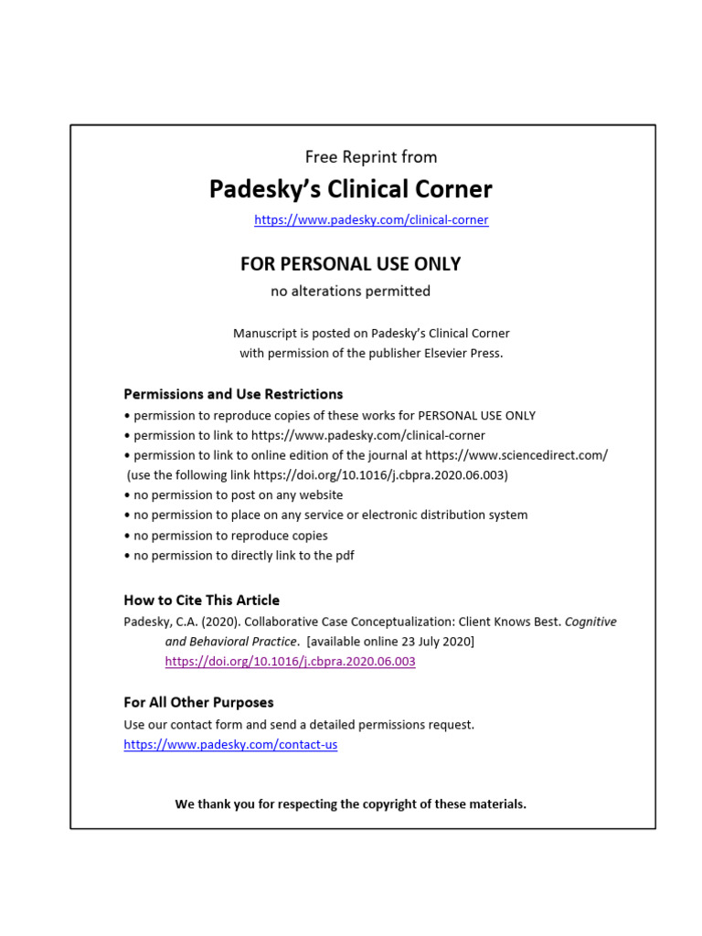 COLLABORATIVE CASE CONCEPTUALIZATION - Padersky | PDF | Cognitive ...