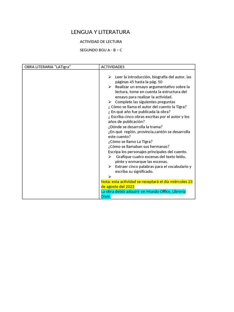 LENGUA Y LITERATURA - ACTIVIDAD DE LECTURA SEGUNDO BGU | PDF