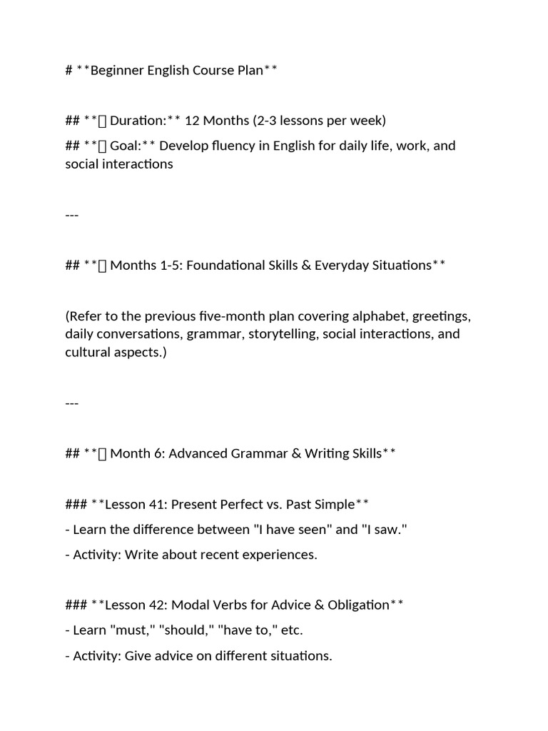 Beginner English Course Plan 1 year | PDF | English Language | Linguistics