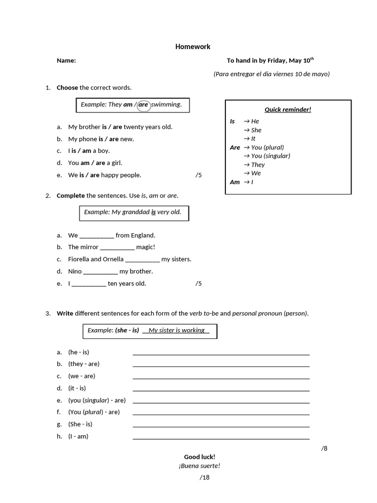 English Verb To-Be Homework Assignment | PDF | Syntactic Relationships ...