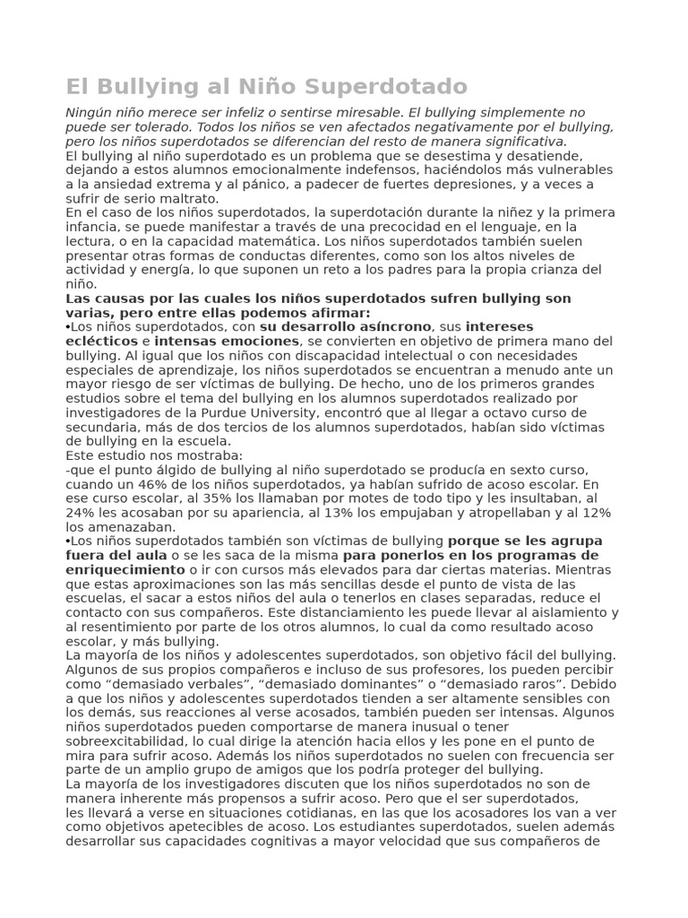 Bullying en Niños Superdotados: Causas y Efectos | PDF | Dotamiento ...