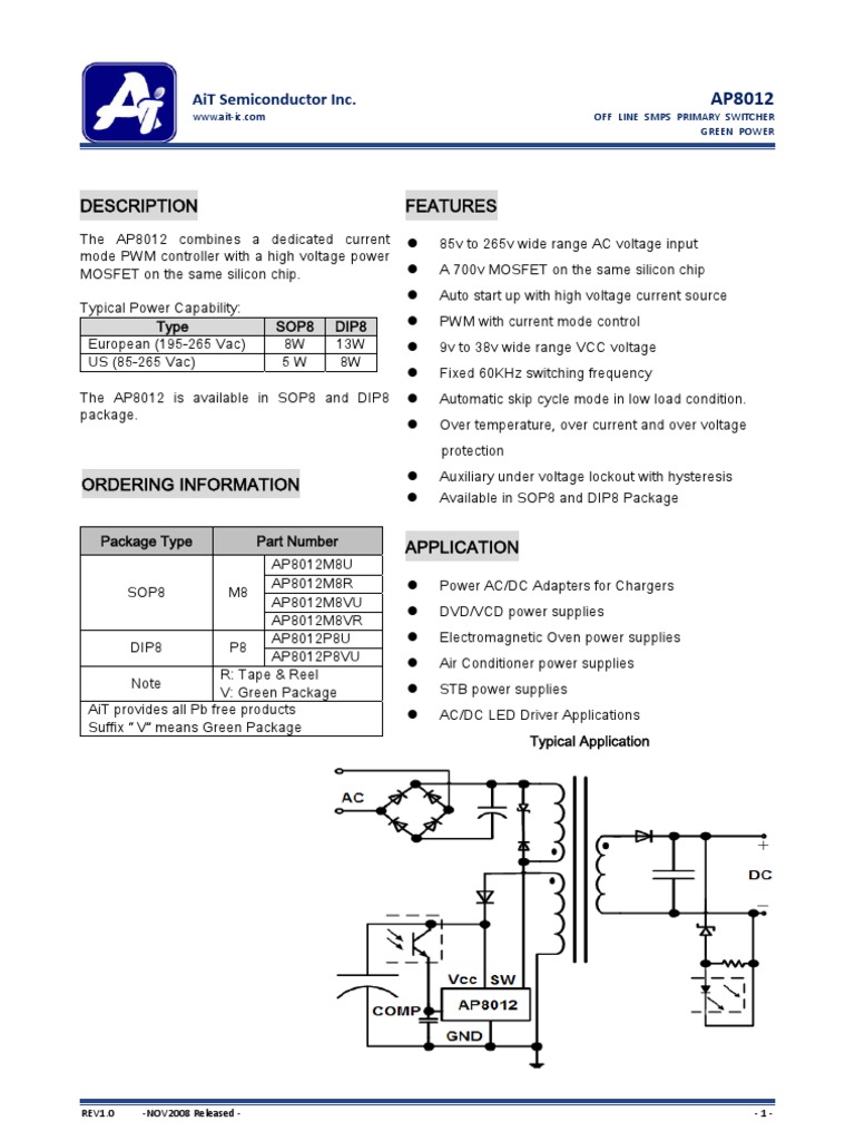 AP8012 OFF-LINE SMPS PRIMARY SWITCHER: Technical Specifications and ...
