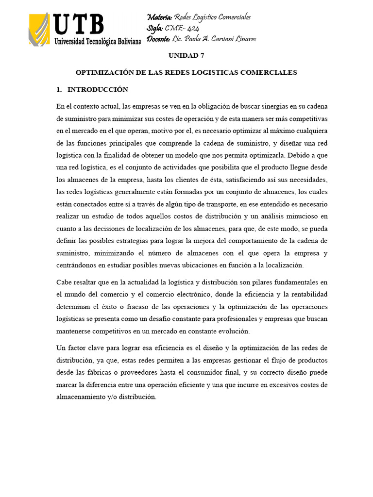 Unidad 7 Optimizacion de Las Redes Logisticas | PDF | Logística | Cadena de suministro