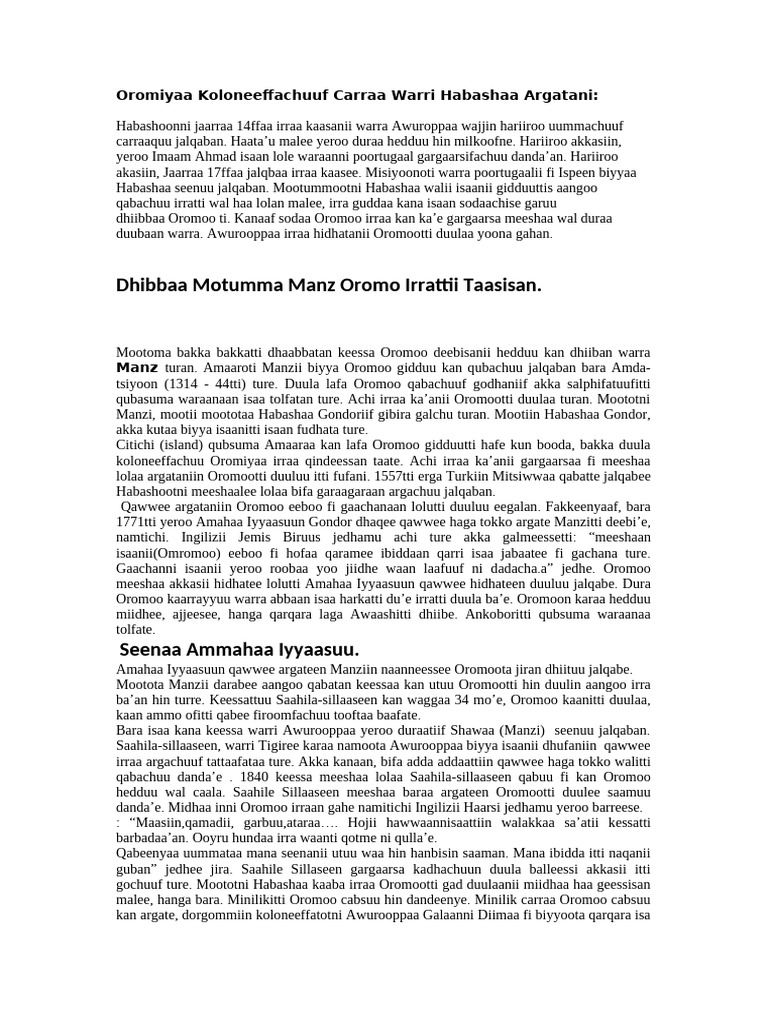 Oromiyaa Koloneeffachuuf Carraa Warri Habashaa Arg | PDF