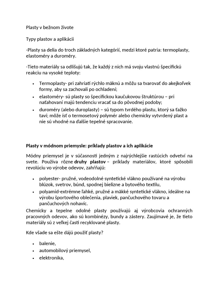 Plasty V Beznom Zivote Chemia | PDF