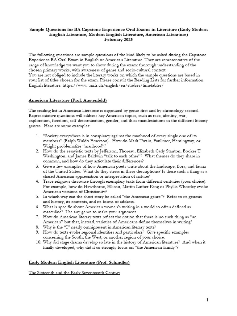 BA Capstone Oral Exam Questions in Literature | PDF | American ...