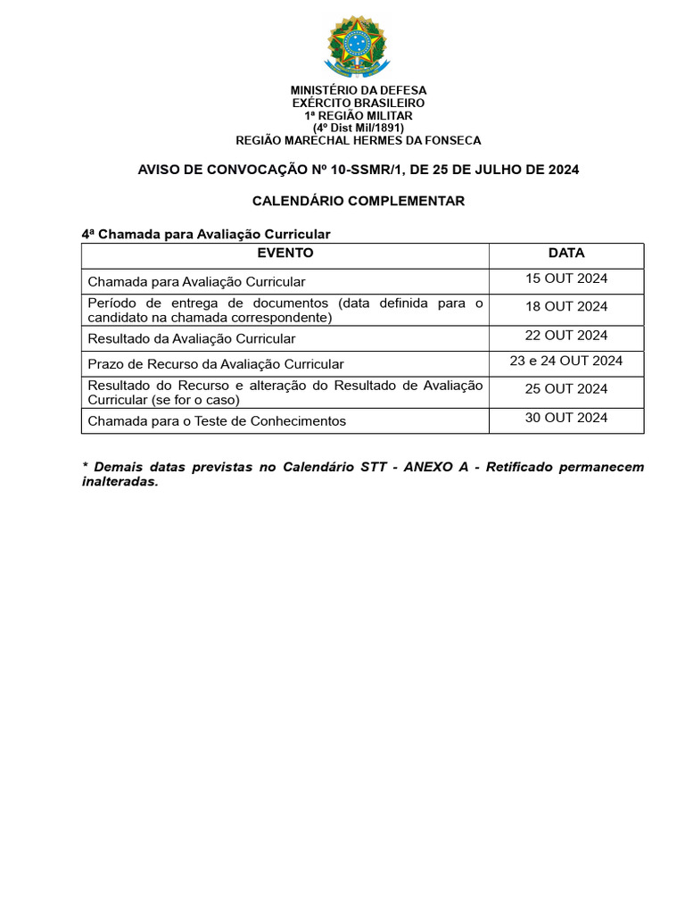 Calendário 4ª Chamada Avaliação Curricular | PDF
