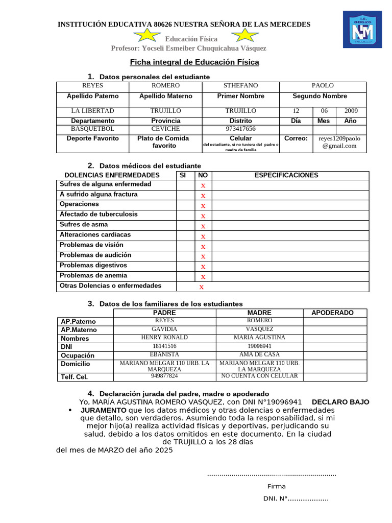 FICHA NTEGRAL DEL ESTUDIANTE 2025 NSM (1) | PDF | Ciencias de la Salud | Medicina