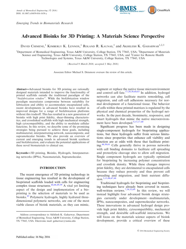 Advanced Bioinks For 3D Printing - A Materials Science Perspective | PDF | Tissue Engineering ...