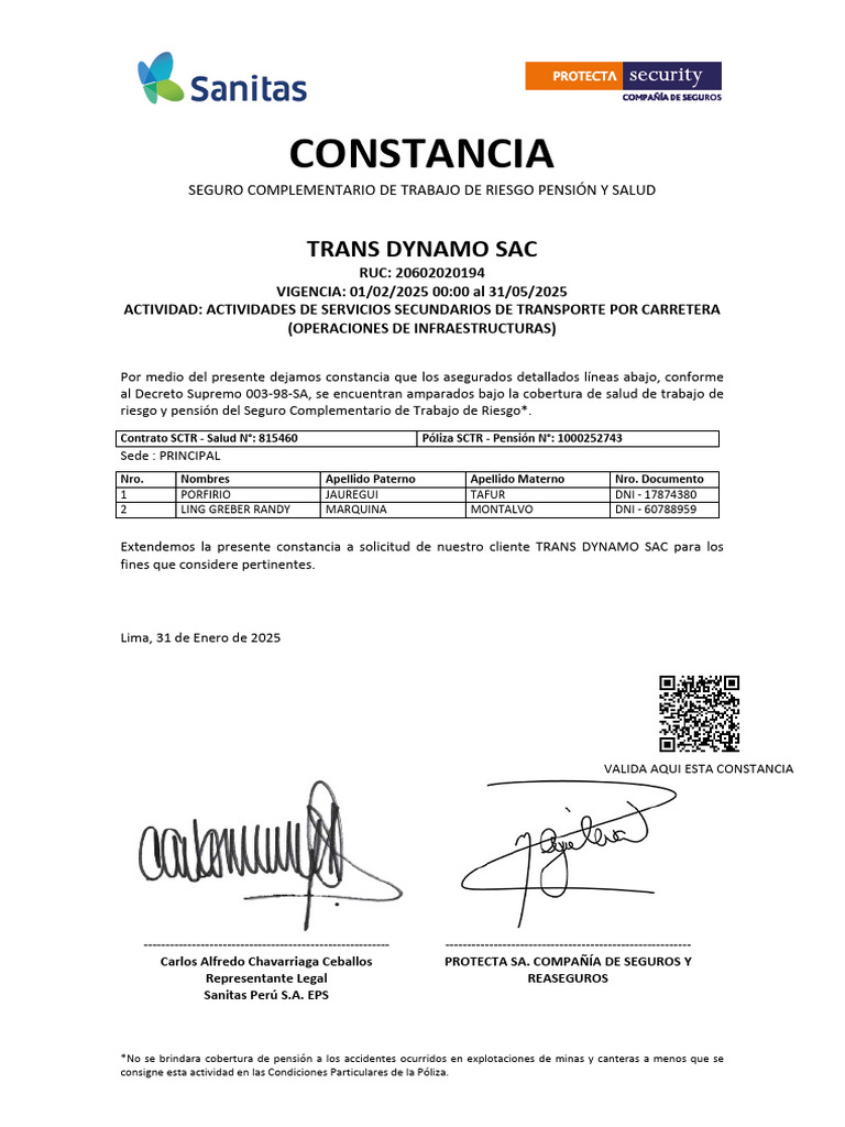 Constancia SCTR DYNAMO - ENE-MAY25 | PDF