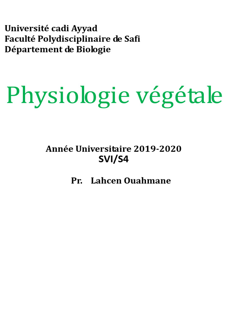3-SVI S4 Cours Physiologie Végétale - PR Ouahmane | PDF | Photosynthèse ...