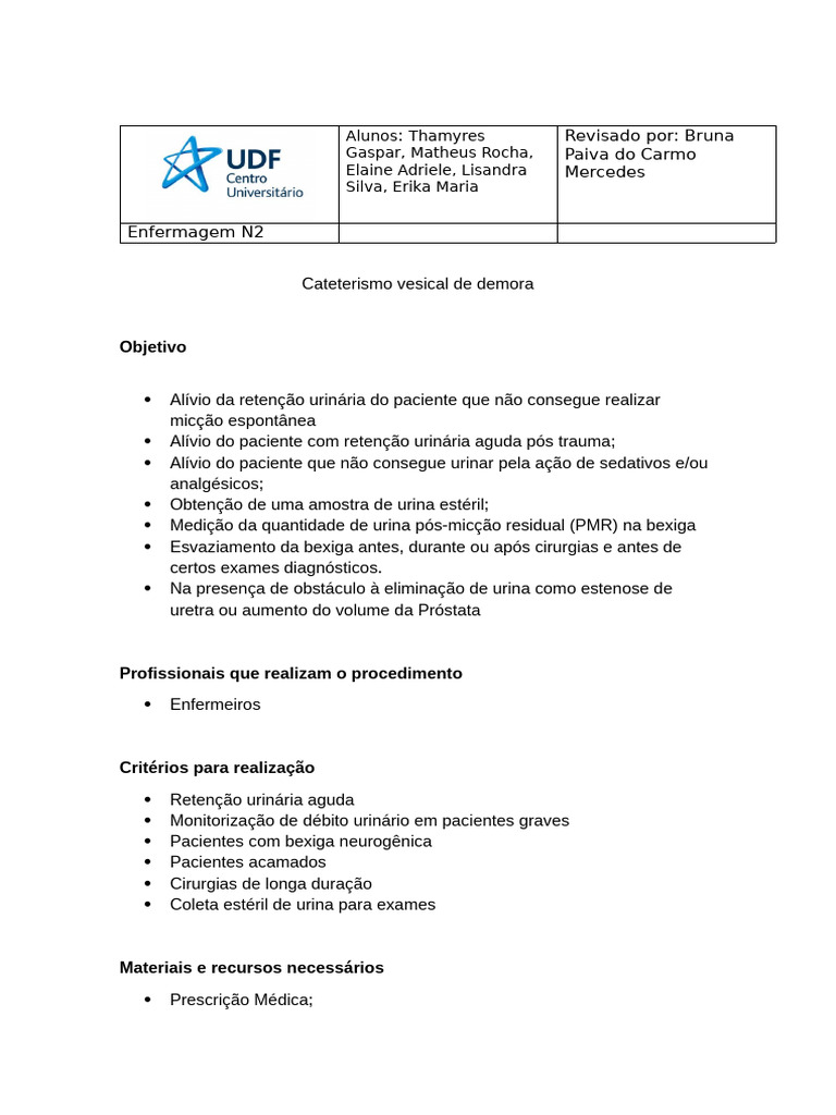POP Cateterismo Vesical de Demora | PDF | Micção | Especialidades médicas