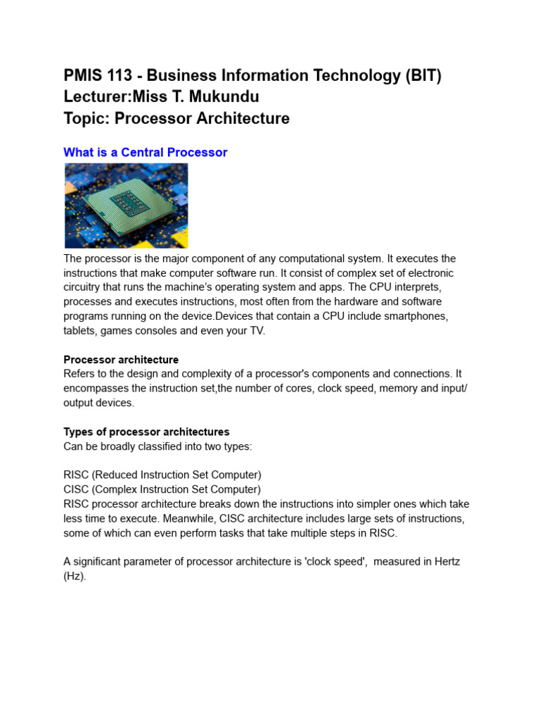 BIT Lecture 5 Processor Architecture Storage Devices | PDF | Random Access Memory | Computer ...