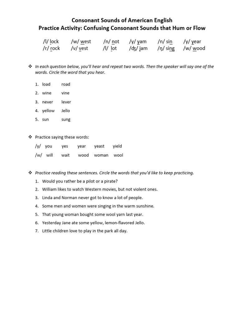 Confusing Consonant Pairs Practice Activity Handout (1) | PDF