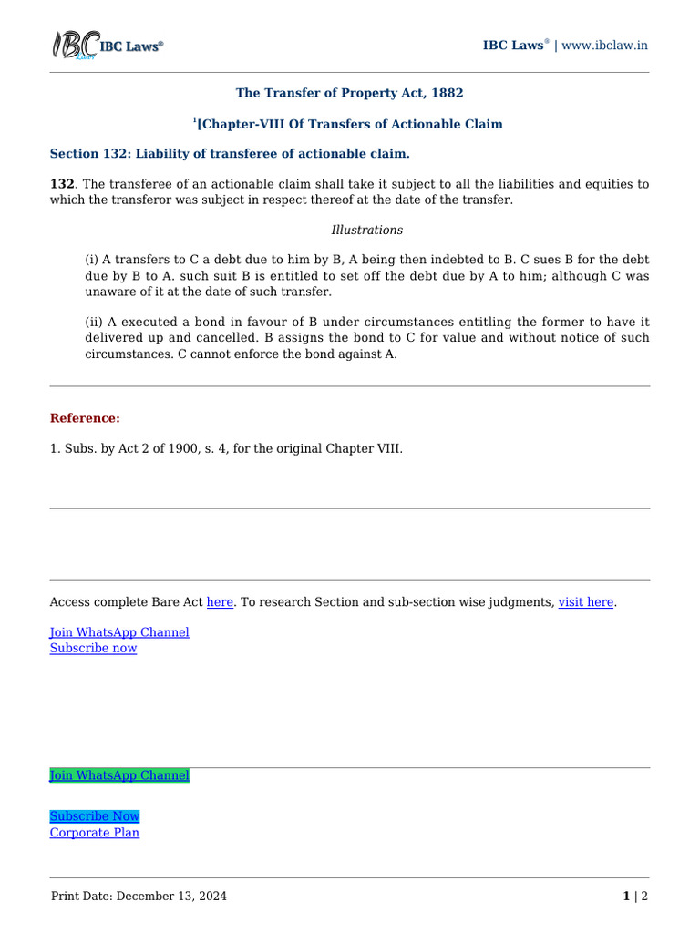 Section 132 Liability of Transferee of Actionable Claim | PDF ...