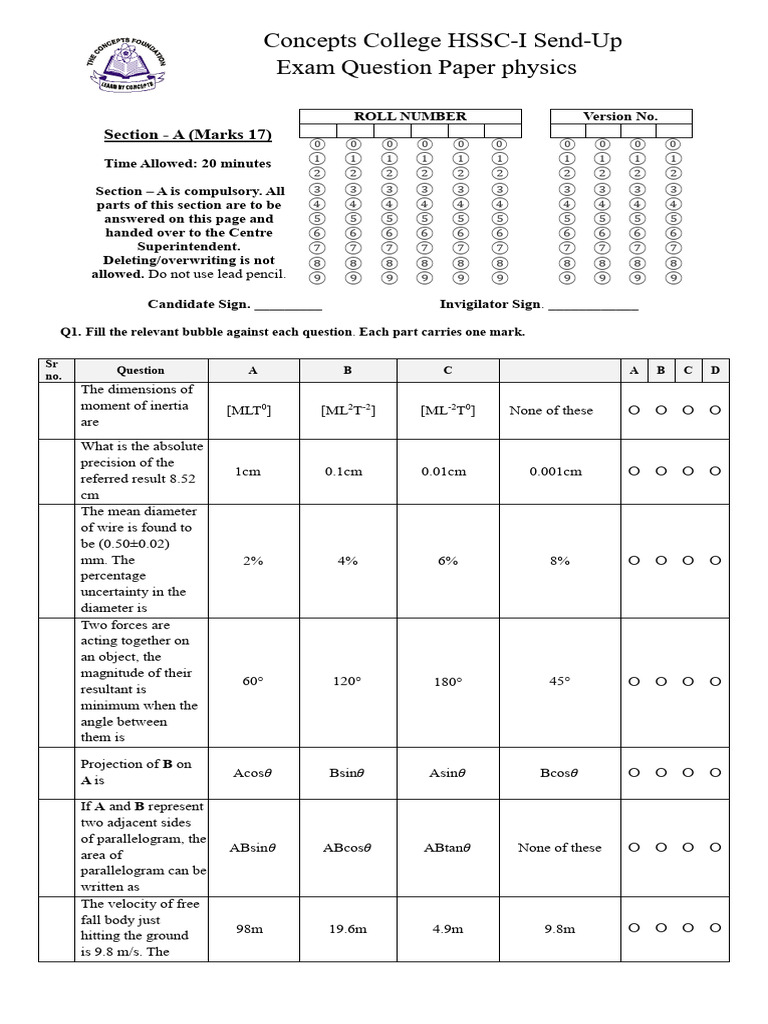 HSSC-I Physics Exam Question Paper | PDF | Force | Momentum