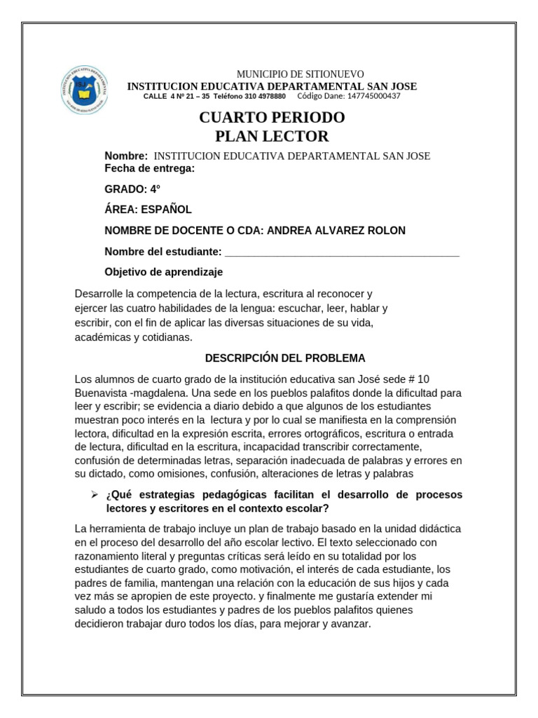 Plan Lector de Cuarto Grado Sede # 10 | PDF | Escuelas | Narración