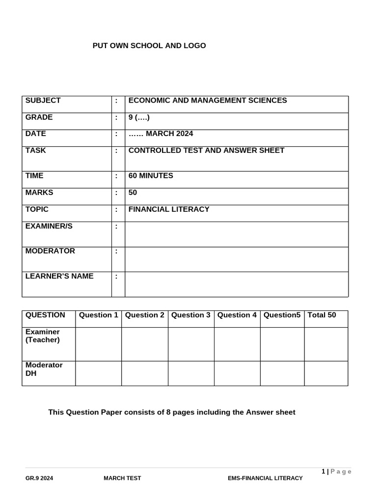 Grade 9 Financial Literacy Test 2024 | PDF | Debits And Credits ...