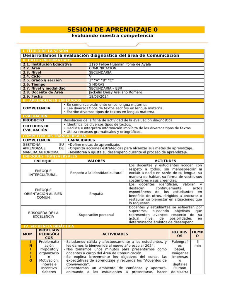 1° SESION ACTV O -COMUNICACIÓN 2024 | PDF | Evaluación | Aprendizaje