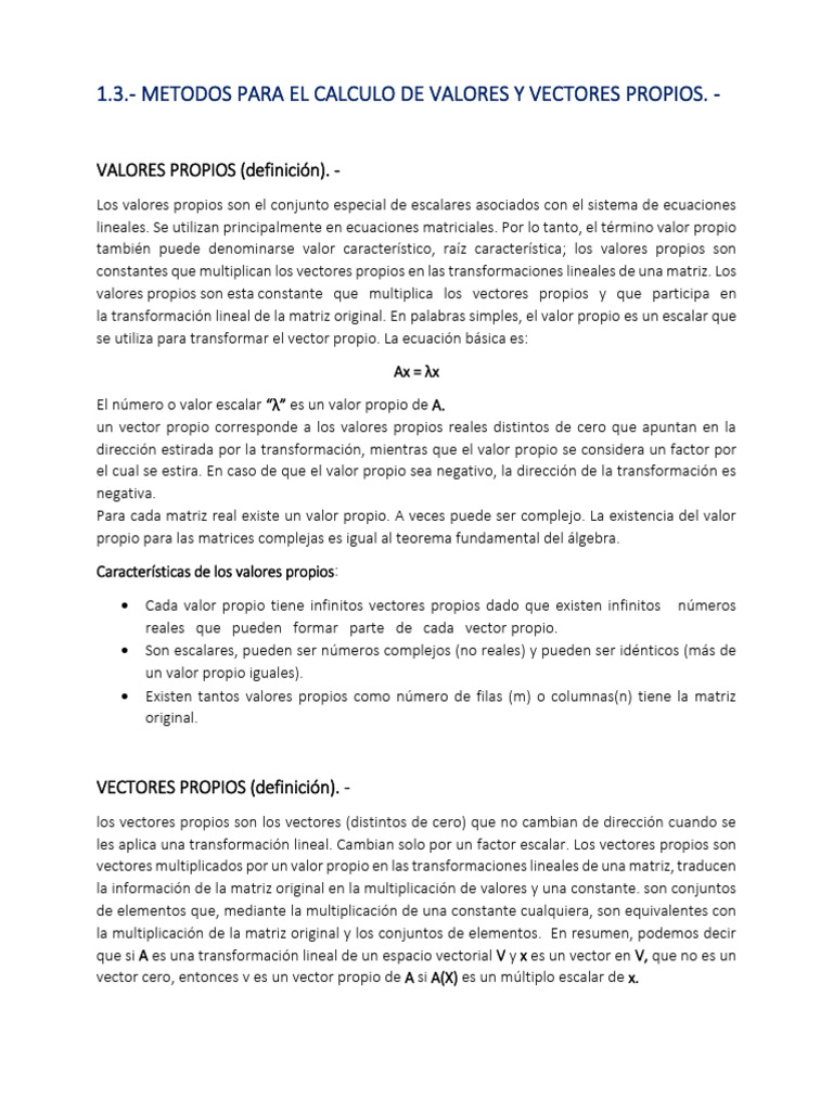 1.3 METODOS para Calculo de Valores y Vectores Propios | PDF | Valores propios y vectores ...