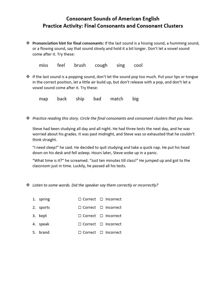 Final Consonants and Consonant Clusters Practice Activity Handout | PDF