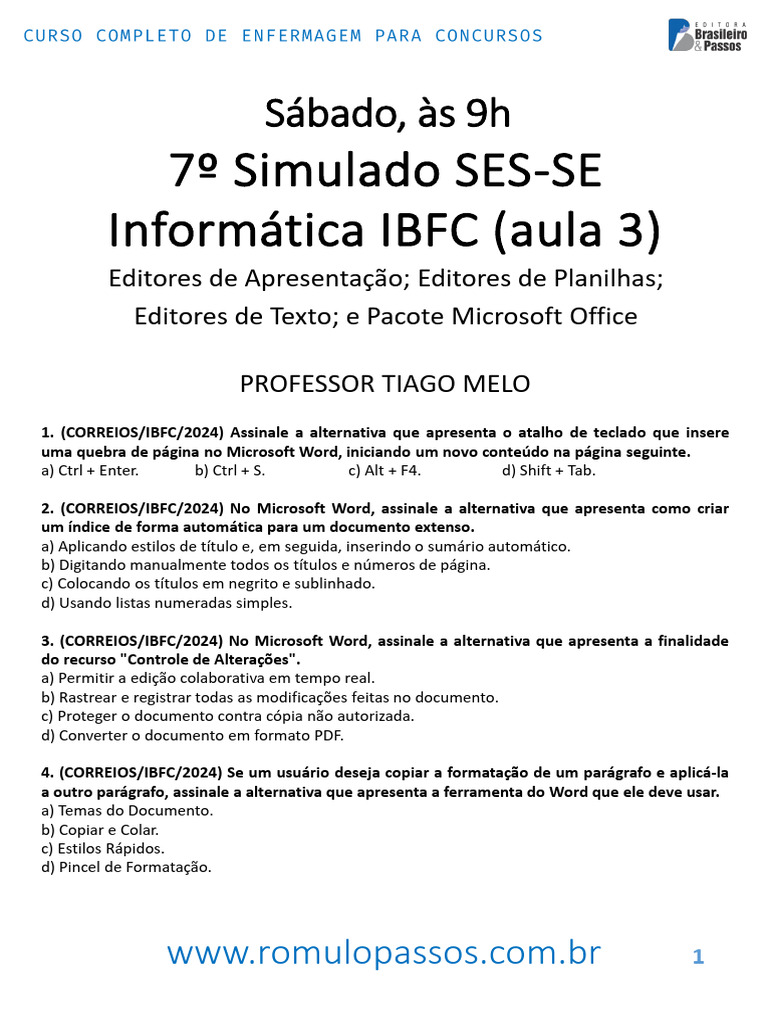 7º Simulado SES-SE - Informática IBFC (Aula 3) | PDF | Microsoft Excel | Microsoft