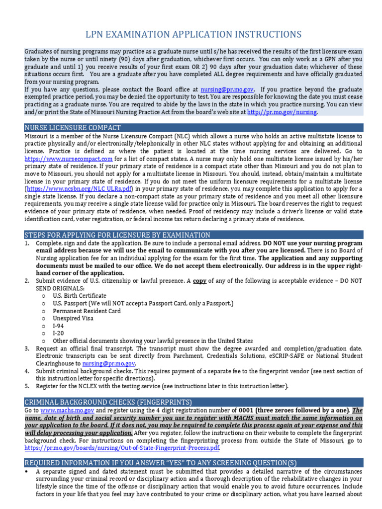 LPN Exam Application Guidelines Missouri | PDF | United States ...