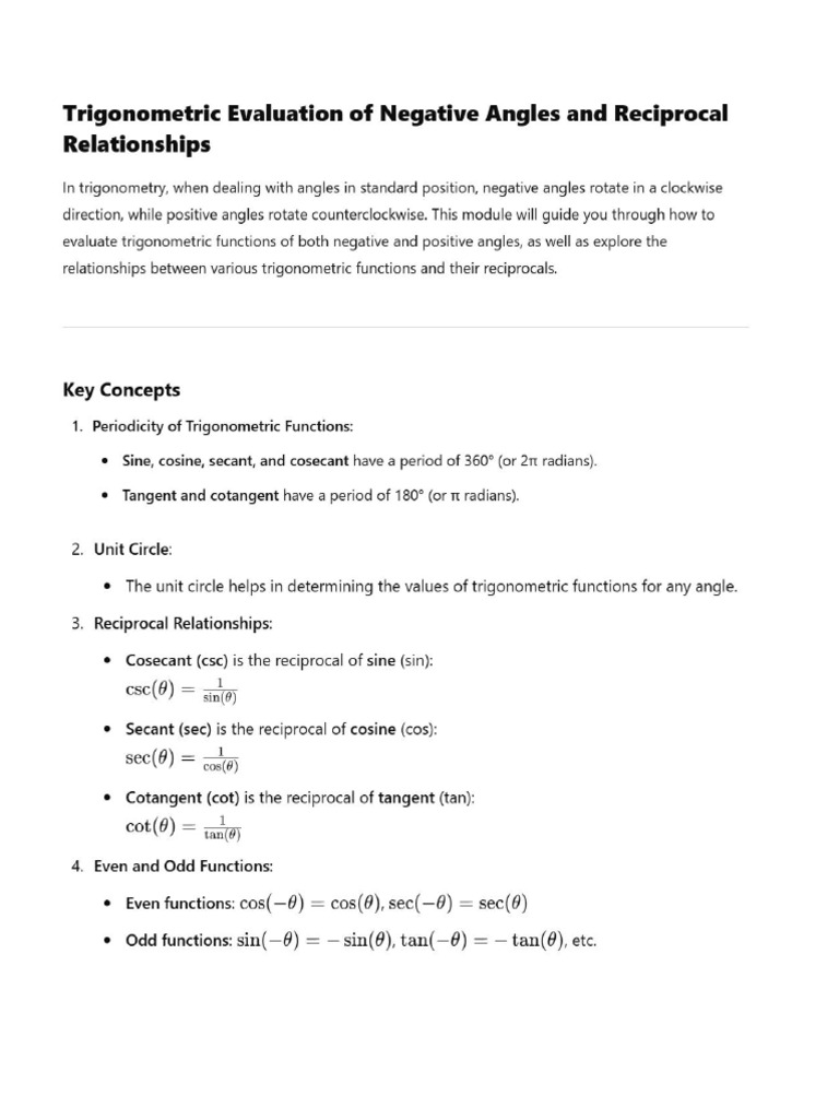 Trigonometric Evaluation of Negative Angles and Reciprocal Relationships | PDF