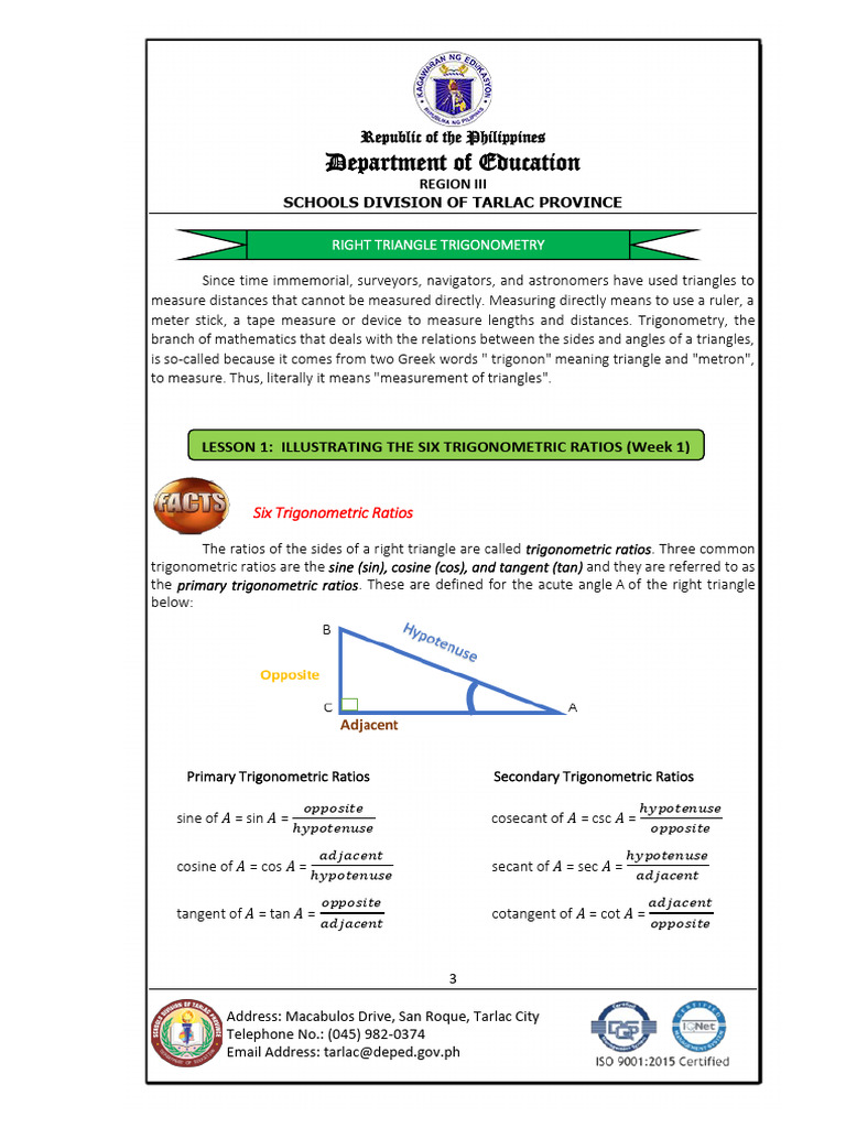 Grade 9 COMPENDIUM OF NOTES G9 4th Q | PDF | Trigonometric Functions ...