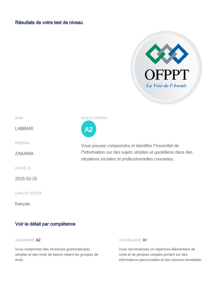 Résultats du test de français A2 | PDF