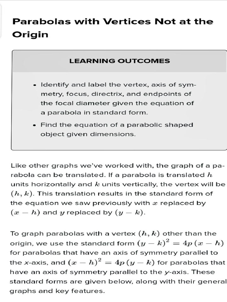Parabola With Vertices Not at Origin (H, K) | PDF