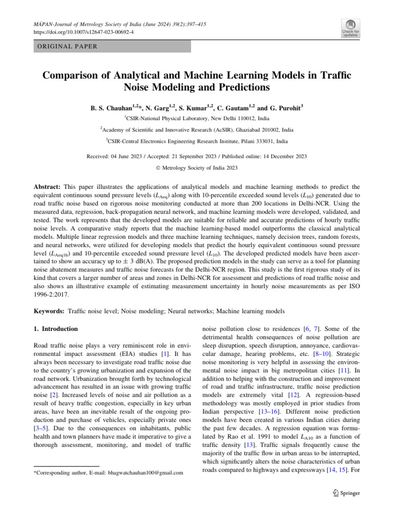 Comparison of Analytical and Machine Learning Models in Traffic Noise Modeling and Predictions ...