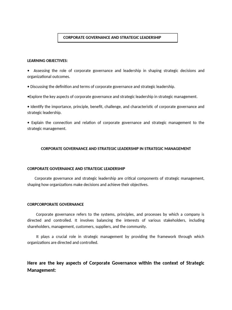 Corporate Governance & Strategic Leadership | PDF | Corporate ...