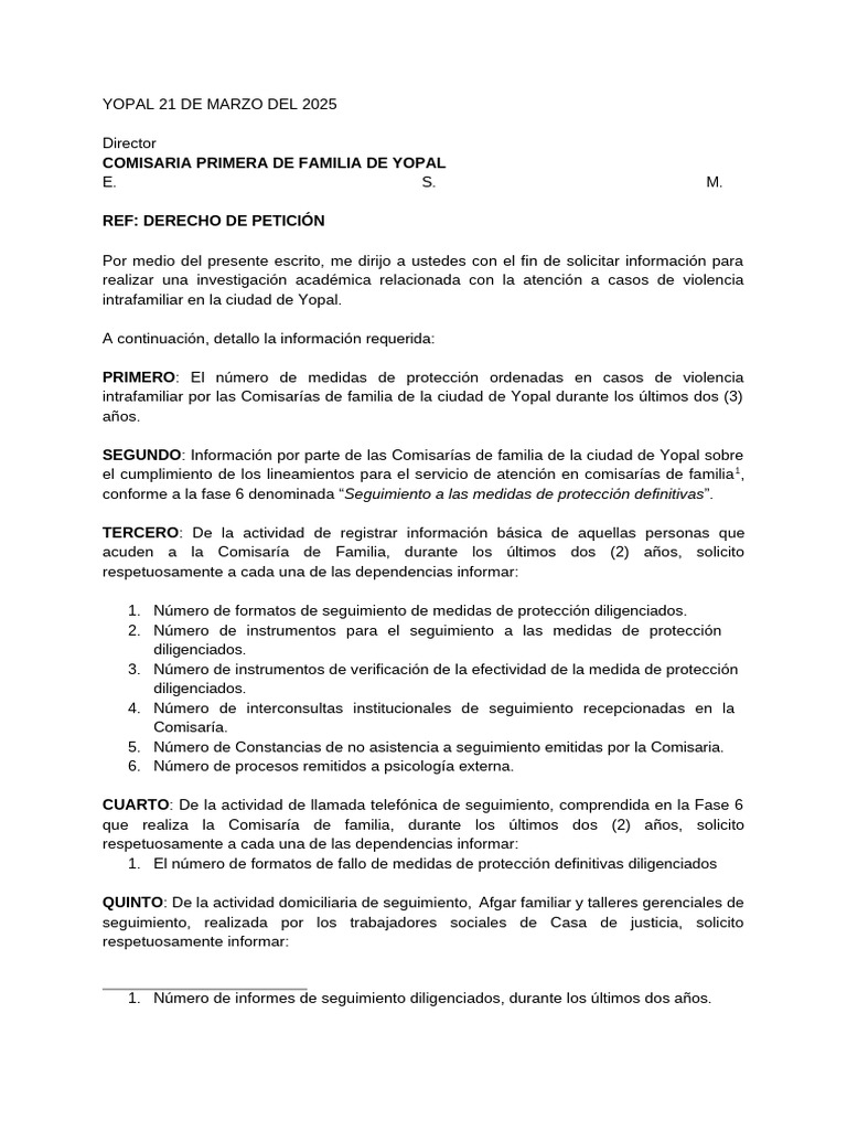 Derecho de Peticion Invest Medidas de Proteccion en Violencia Intramifamiliar Yopal | PDF