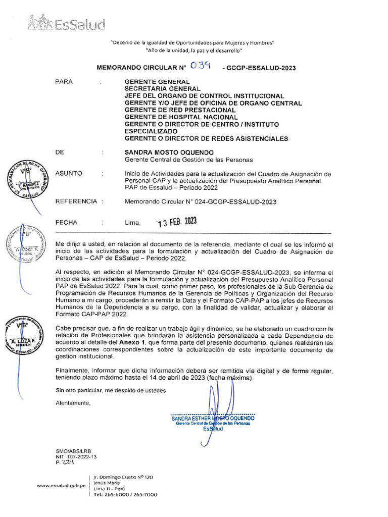 MEMORANDO CIRCULAR N° 039-GCGP-ESSALUD-2023 | PDF