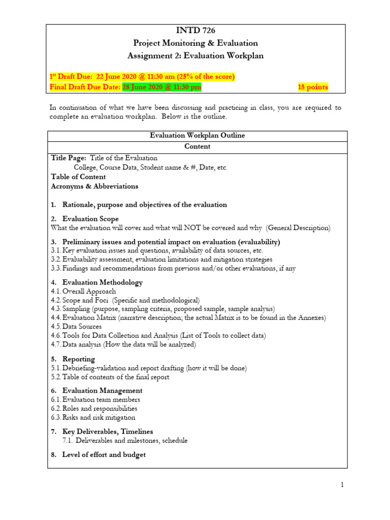 INTD 726 Assignment 2 - Designing An Eval Workplan - Guidelines - 2020 | PDF | Evaluation | Risk
