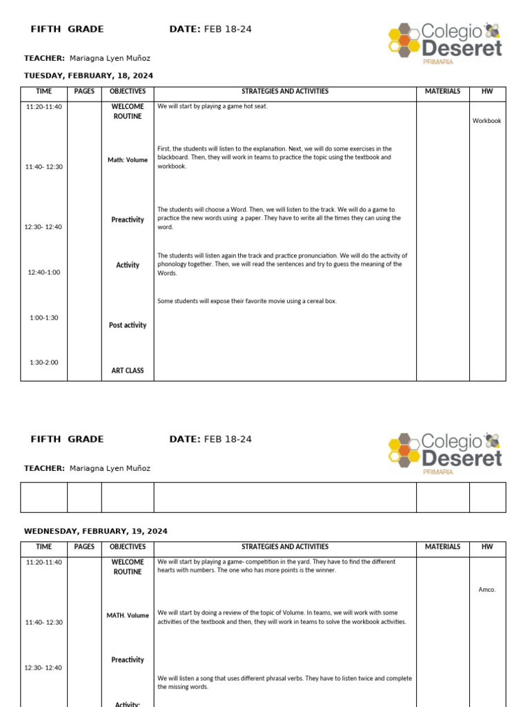 Fifth Grade Weekly Lesson Plan | PDF | Syntax | Linguistics