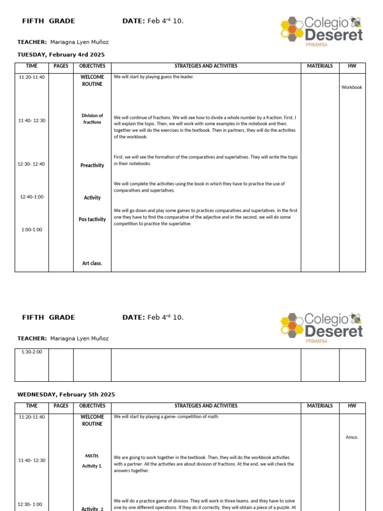Fifth Grade Weekly Lesson Plan | PDF