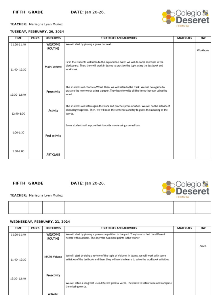 Fifth Grade Weekly Lesson Plan | PDF | Languages | Foreign Language Studies