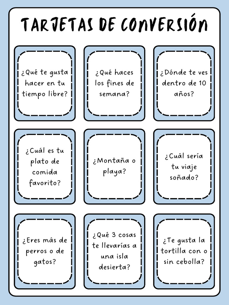 Documento A4 Tarjetas de Conversación Juegos Divertido Sencillo Azul ...